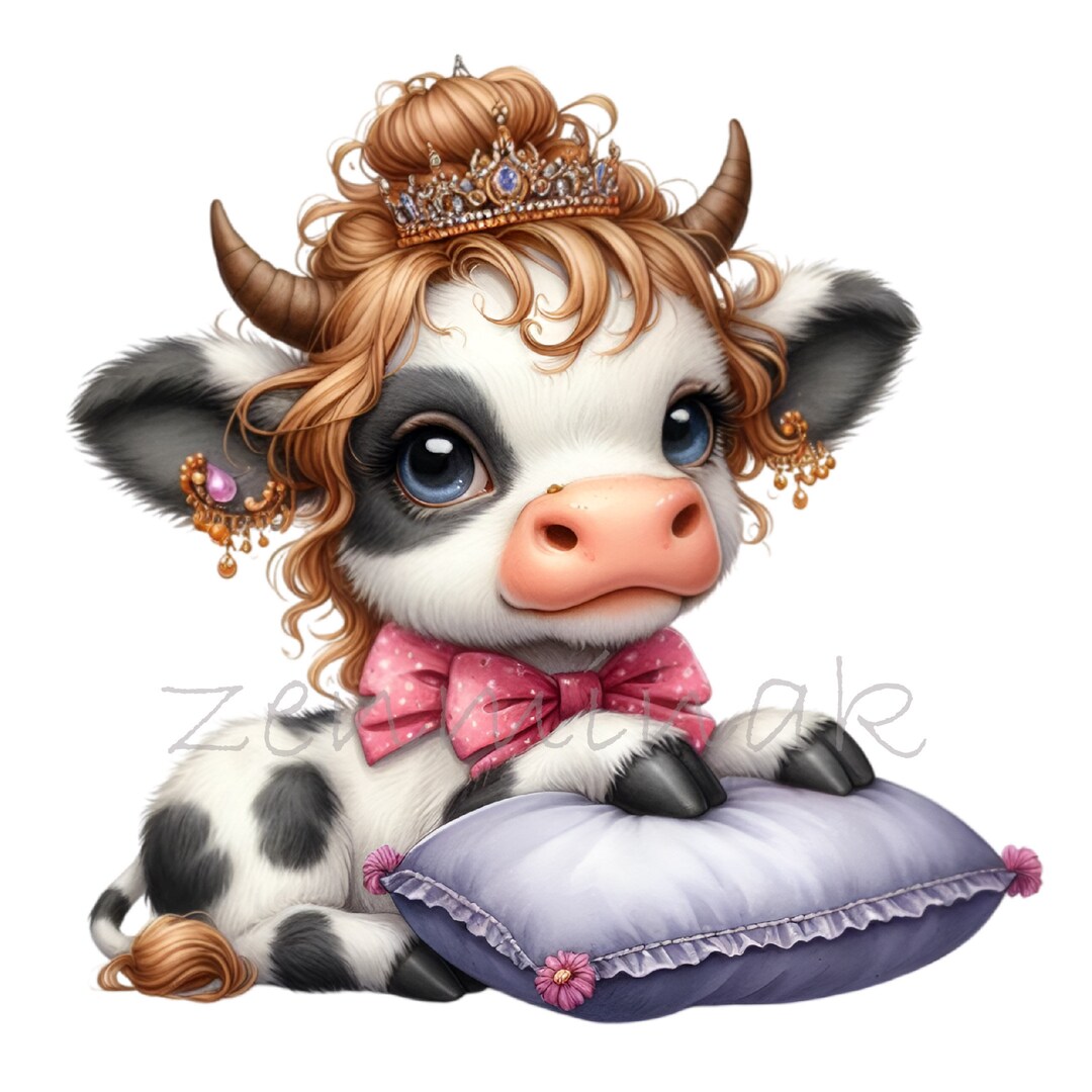 14 Cow Princess PNG Clip Art, Cute Cow With Tiara and Bow Illustration ...