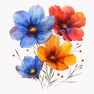 10 Watercolor Floral Clip Art PNG - Vibrant Blue, Yellow, and Orange ...