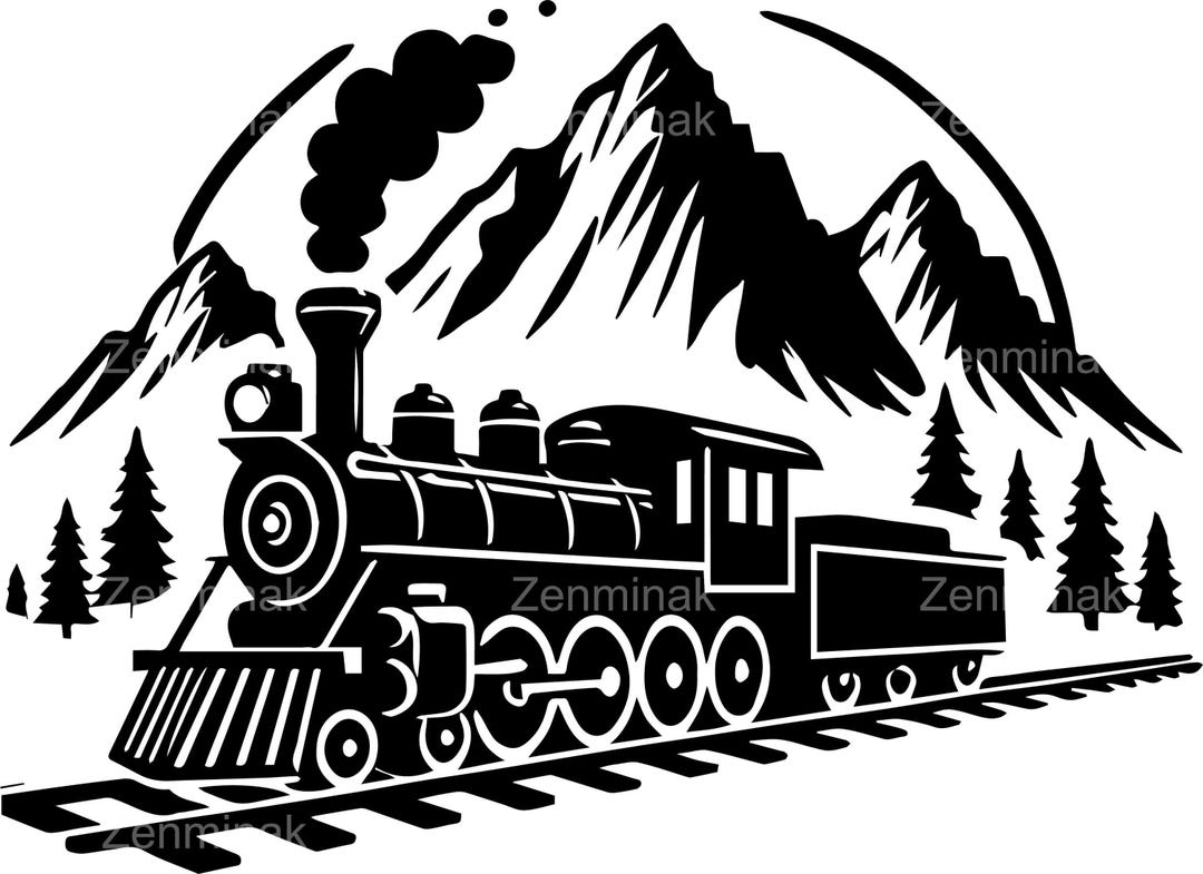 10 SVG Steam Train Locomotive Mountains Pine Forest Silhouette, Vintage ...