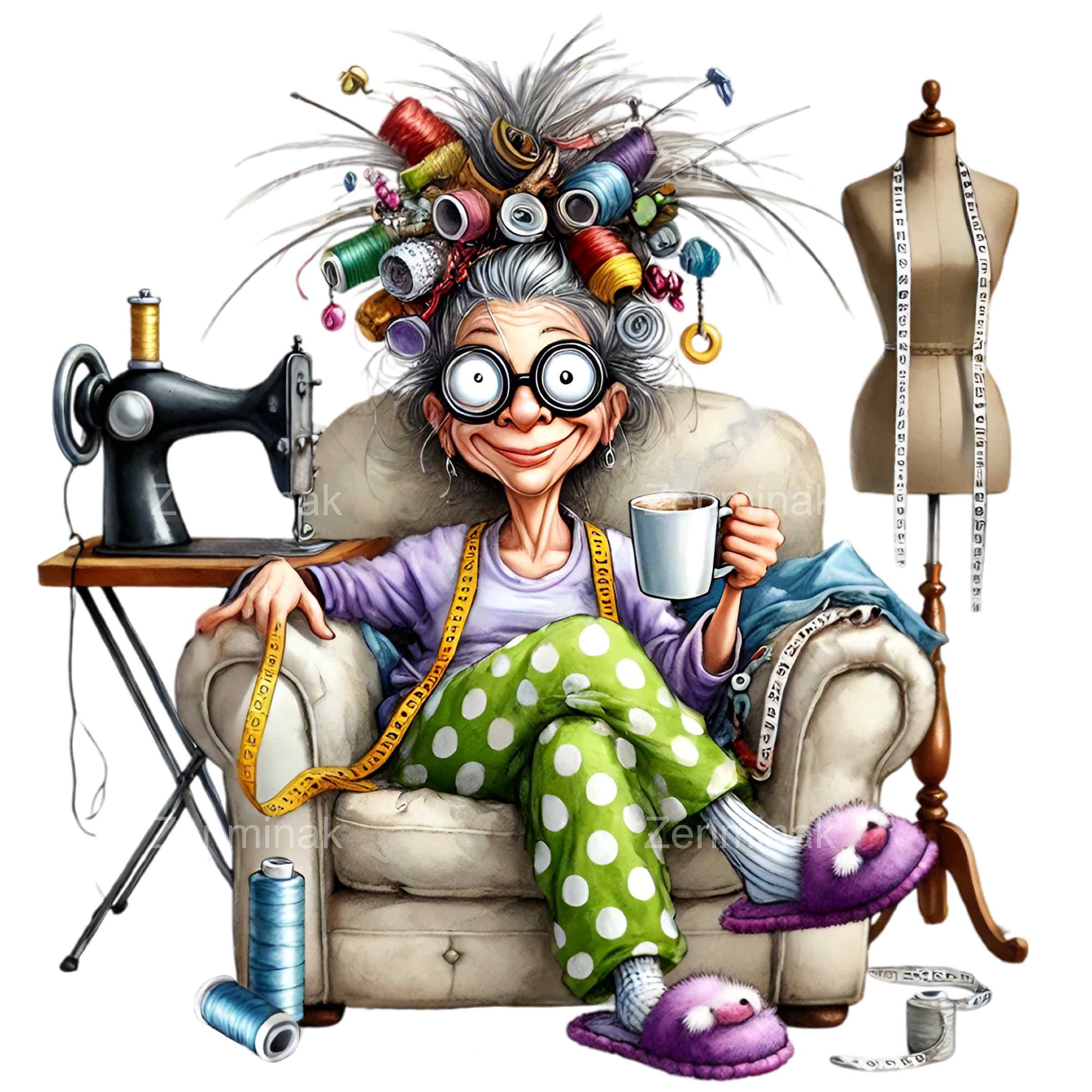 15 PNG Funny Sewing Lady – Crazy Seamstress Clipart – Humorous Crafting ...