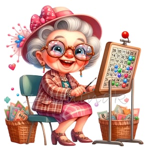 Senior Lady Playing Bingo 12 PNG Funny Comics Cartoon Illustration ...