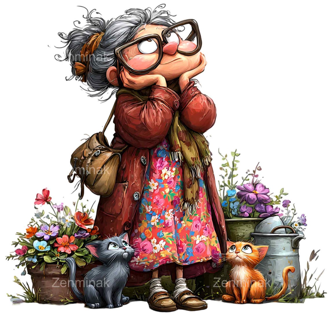 15 PNG Cat Grandma Clipart – Funny Lady With Kittens PNG – Whimsical ...