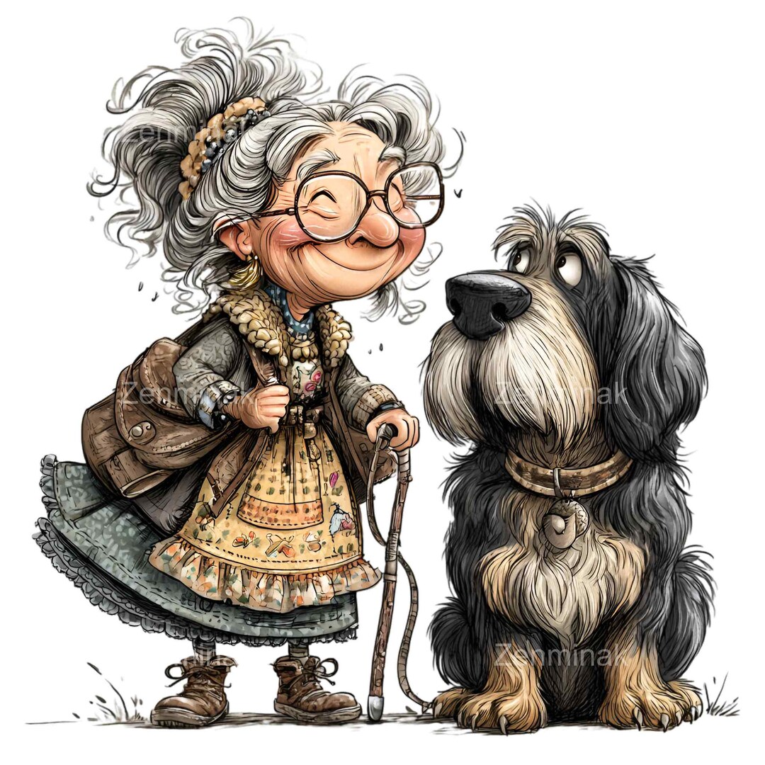 16 PNG Funny Grandma Dog Clipart, Elderly Woman Walking Puppy ...