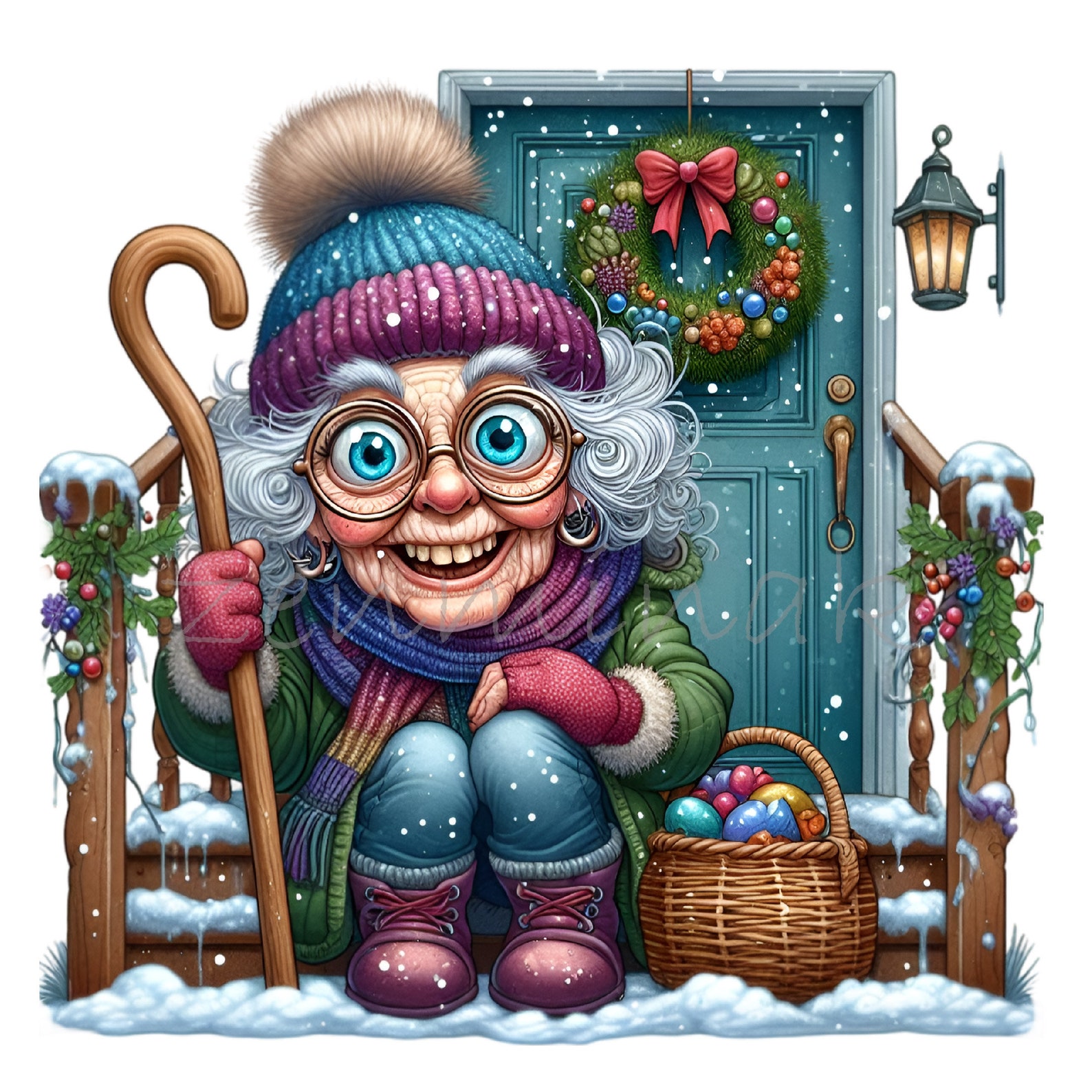 10 PNG Winter Grandma Clipart – Elderly Lady on Snowy Doorstep With ...