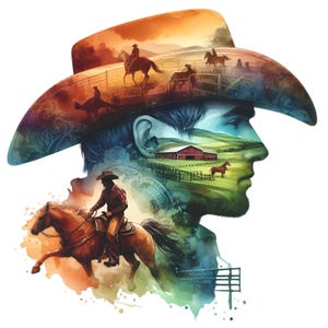 Cowboy Watercolor Illustration PNG, 15 Western Farm Scene With Horses ...