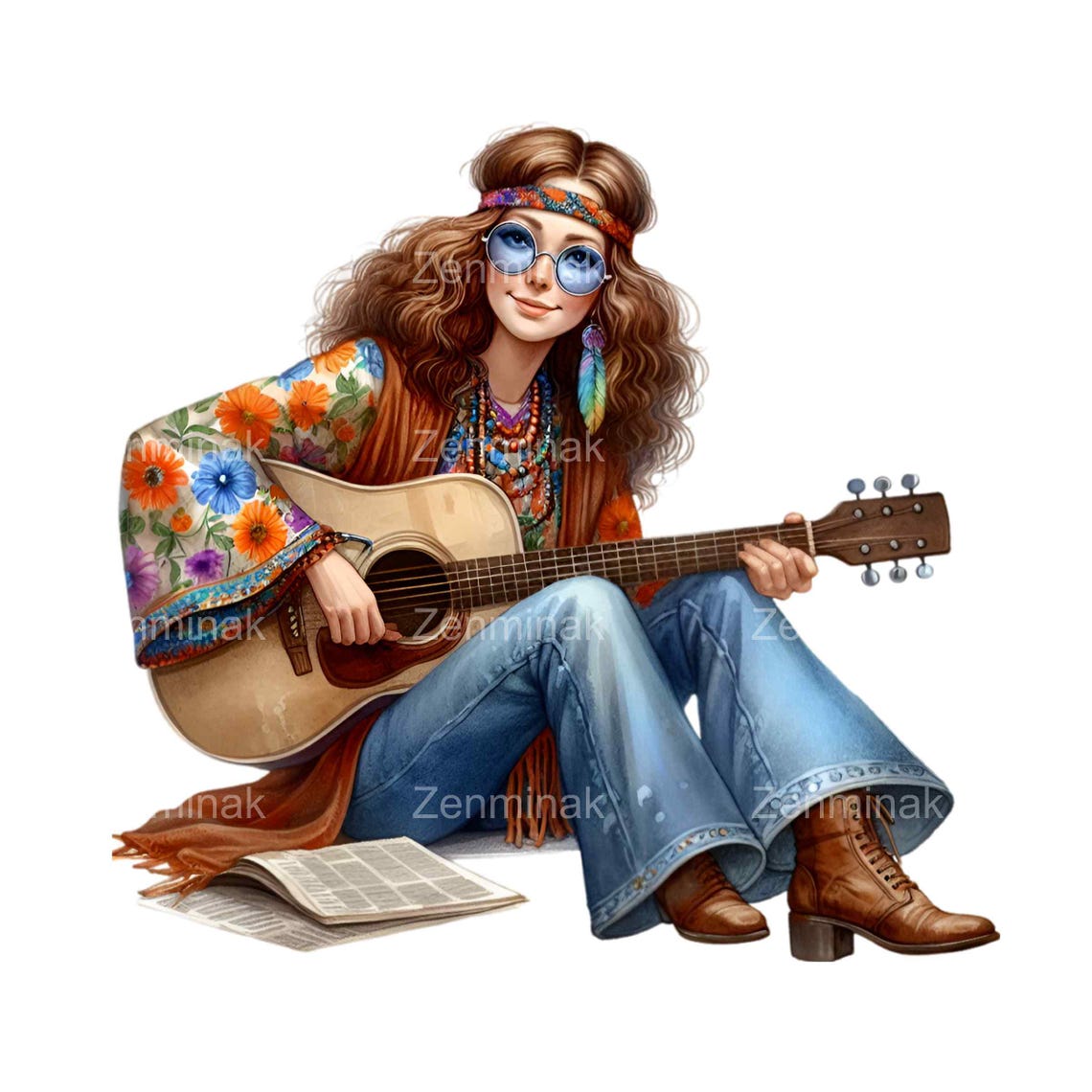 16 PNG Girl Guitar Clipart, Hippie Musician Woman, Retro 70s Singer ...