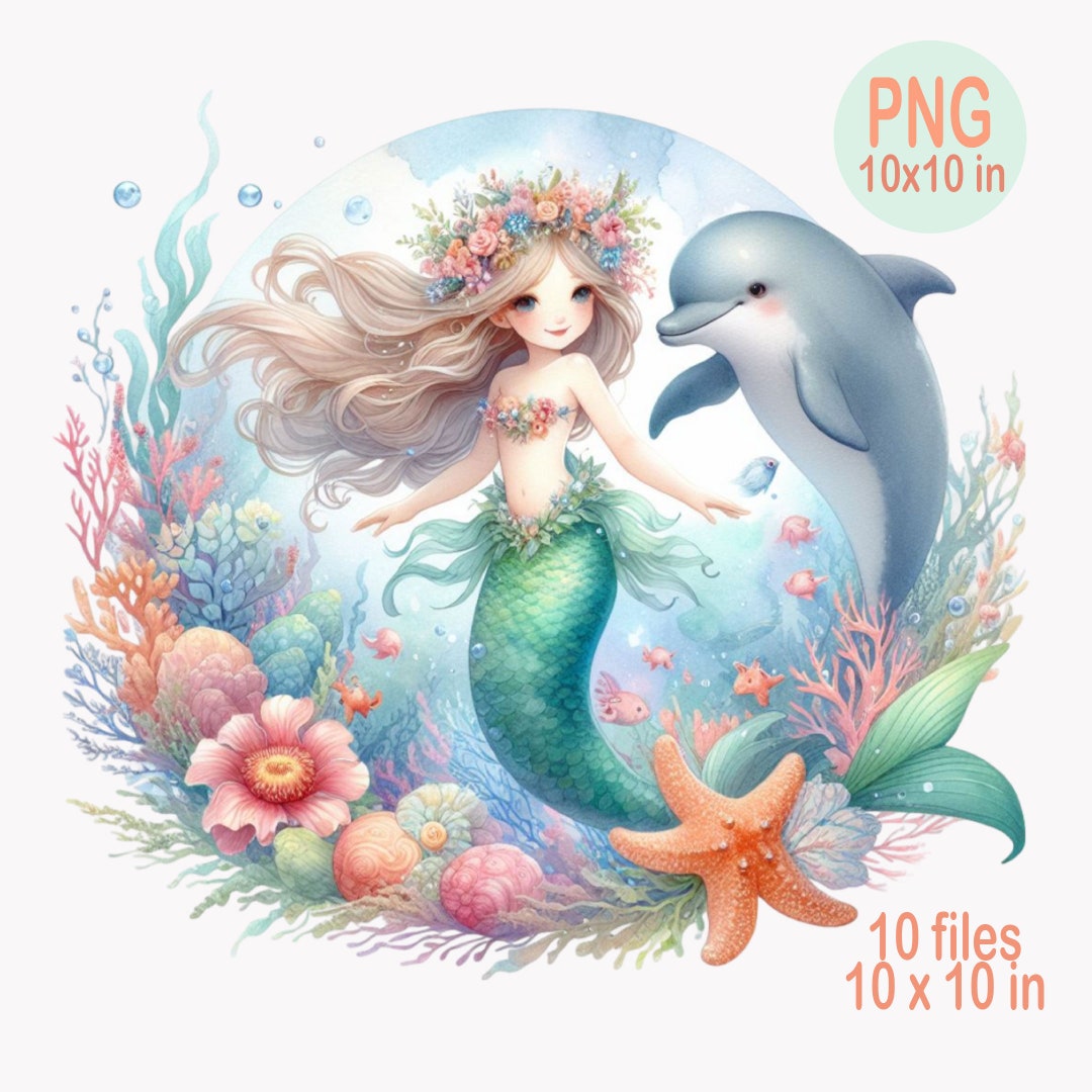 Dolphin PNG, Mermaid Clipart, Underwater Scene, Nursery Decor, Baby ...