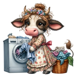 12 Laundry Cow Clip Art, Cute Farmhouse Cow Washing Clothes, Digital ...