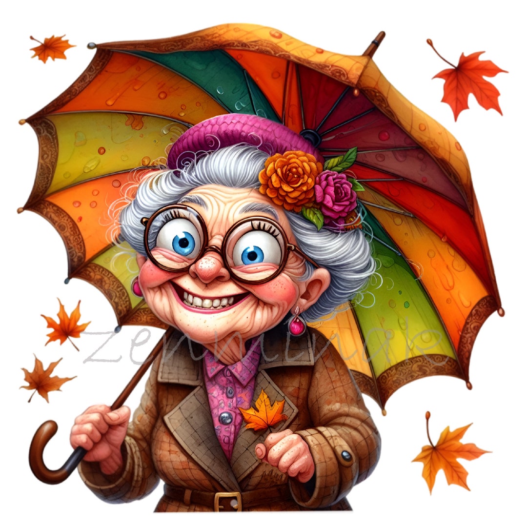 Funny Senior Woman in Fall Rainy Day With Umbrella 14 PNG Comics ...