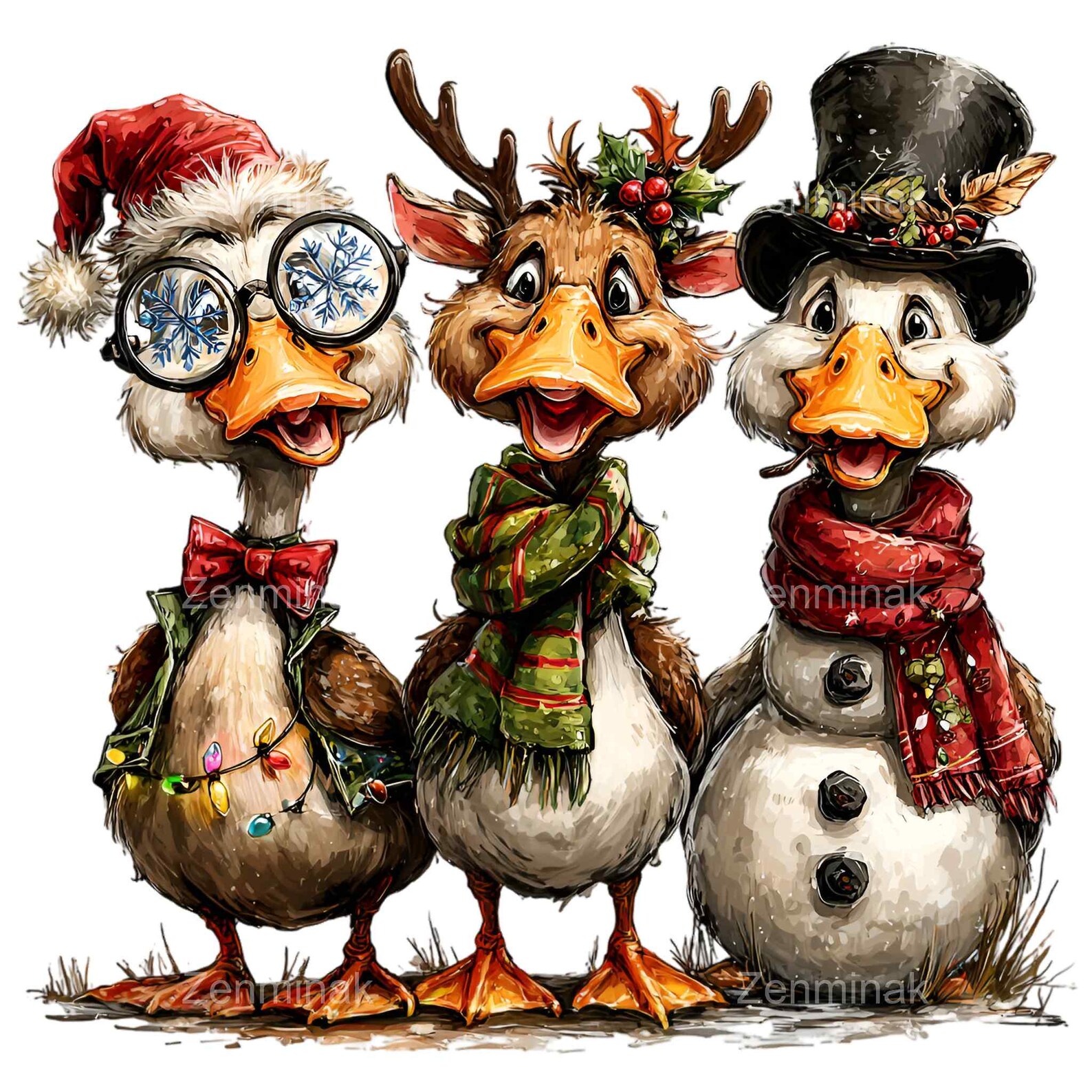 15 PNG Christmas Geese PNG – Funny Holiday Goose Trio Clipart – Dressed ...