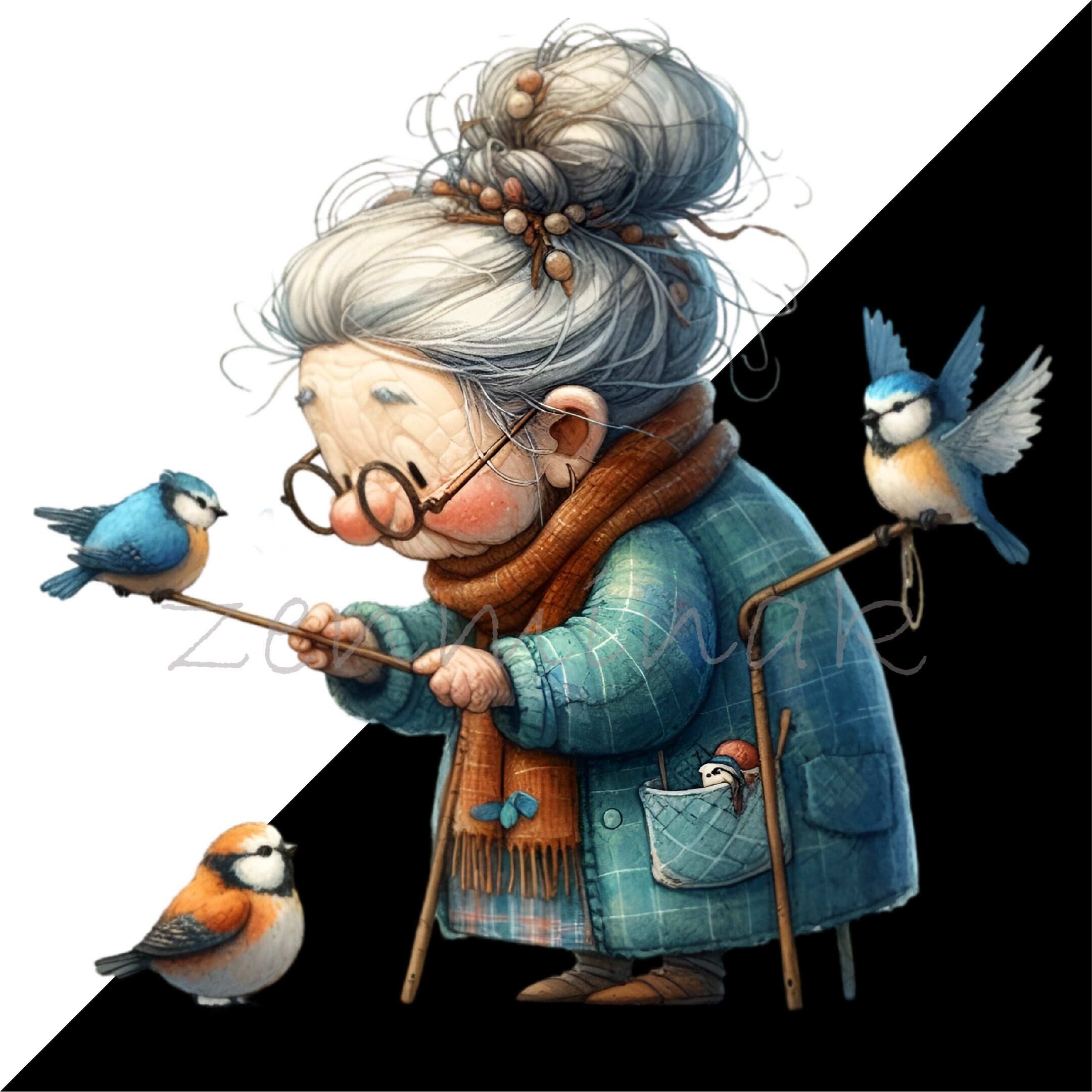 10 PNG Elderly Woman With Birds Clipart, Quirky Grandmother Birdwatcher ...