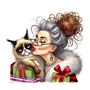 15 Funny Lady and Grumpy Cat PNG, Glamorous Woman Illustration, Cat ...