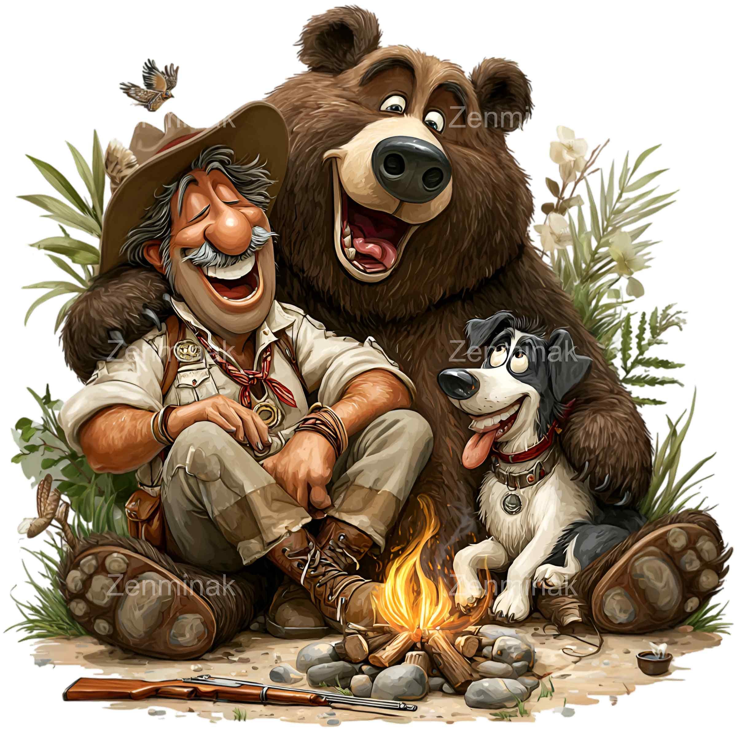 10 PNG Funny Hunter Clipart – PNG Old Man With Bear and Dog by Campfire ...