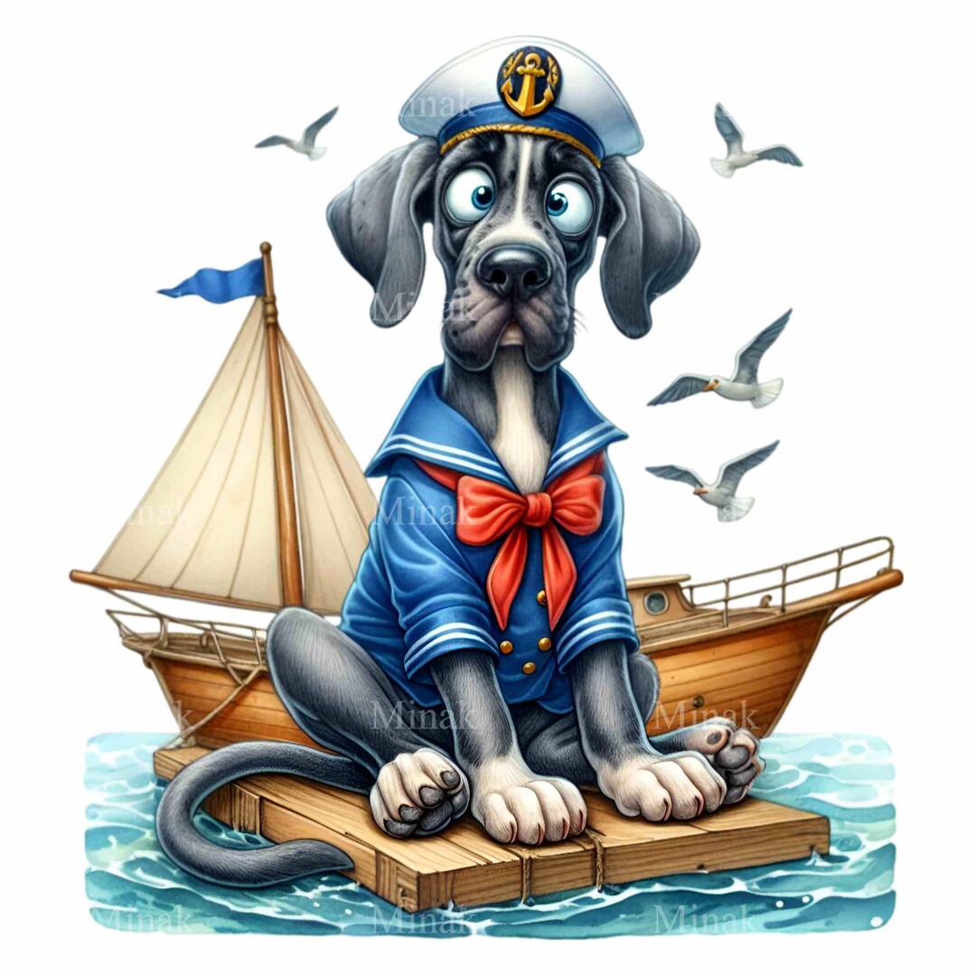 12 PNG Sailor Dane Clipart, Nautical Dog Boat & Seagulls - Etsy