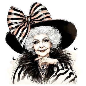 Vintage Granny With Striped Bow and Bats Illustration PNG, 10 Gothic ...