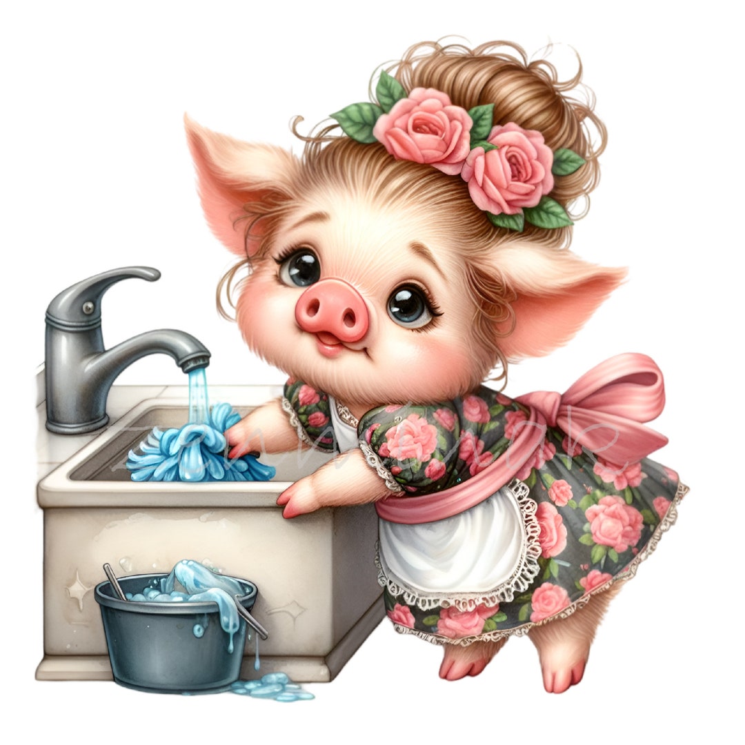 12 Washing Pig PNG Clipart, Cute Piglet Doing Laundry at Sink, Floral ...