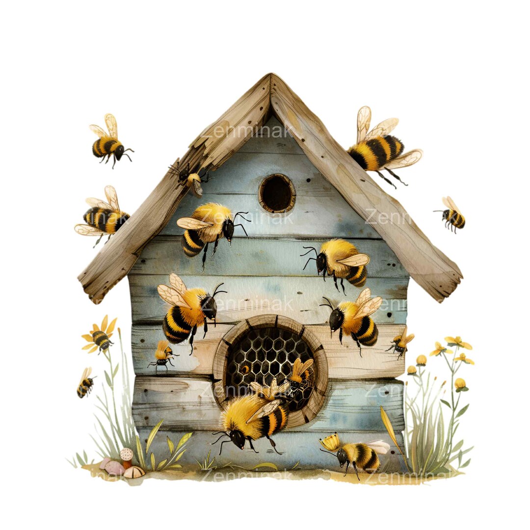 15 Bee House Clipart PNG, Rustic Wooden Hive Illustration, Watercolor ...