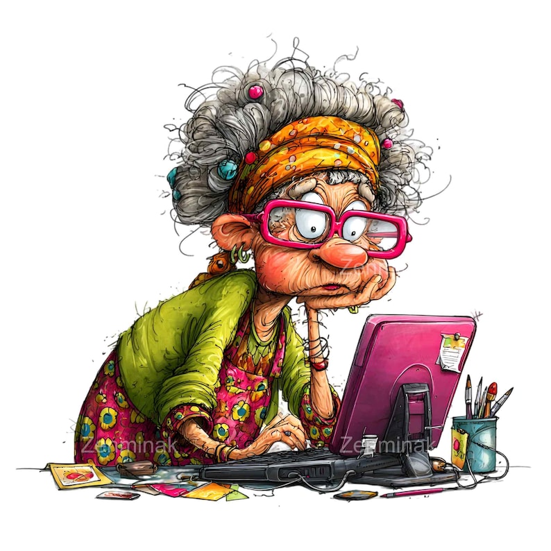16 PNG Funny Old Lady at Computer – Grumpy Senior Woman Clipart for ...