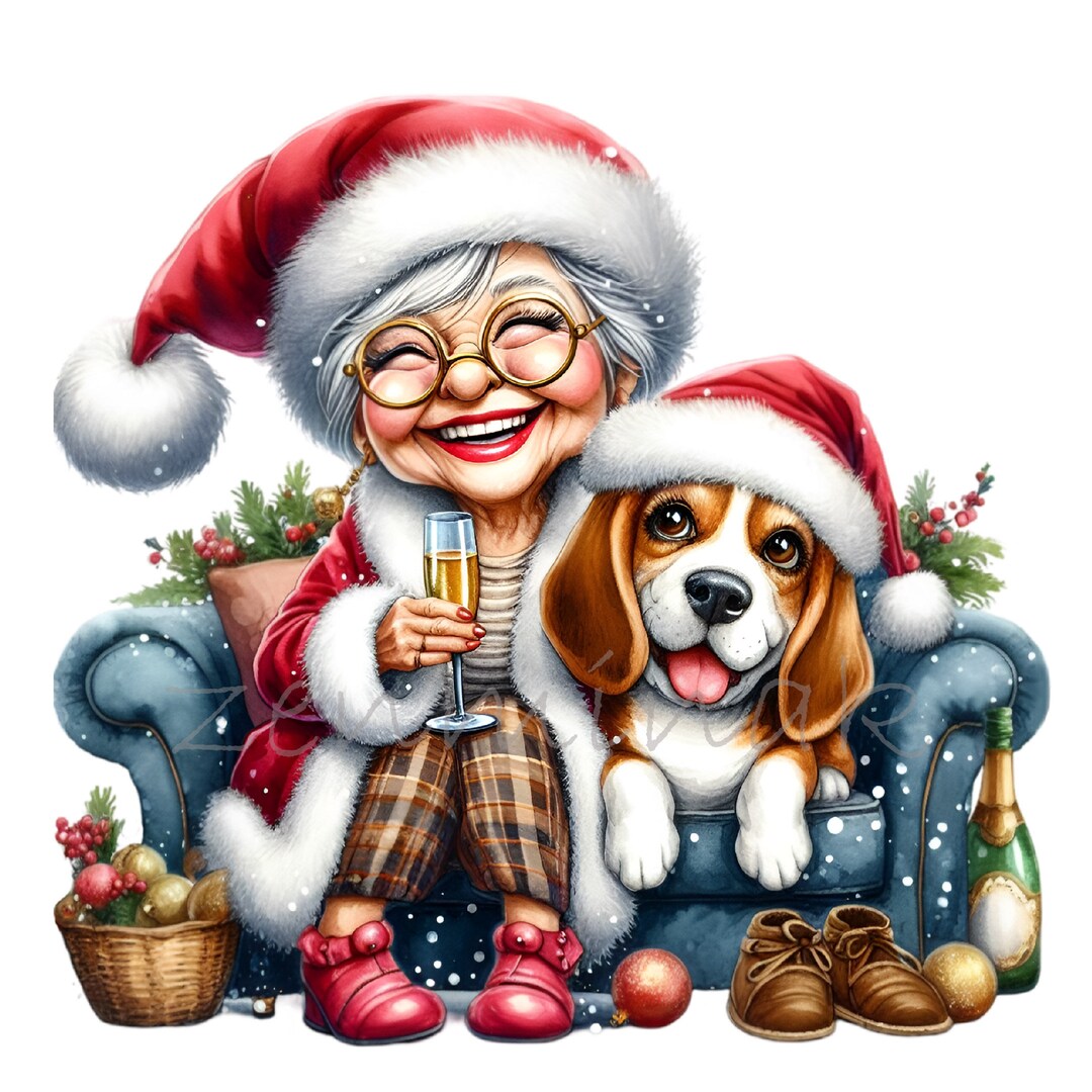 12 PNG Funny Grandma Christmas Clipart – Old Lady With Dog in Santa ...
