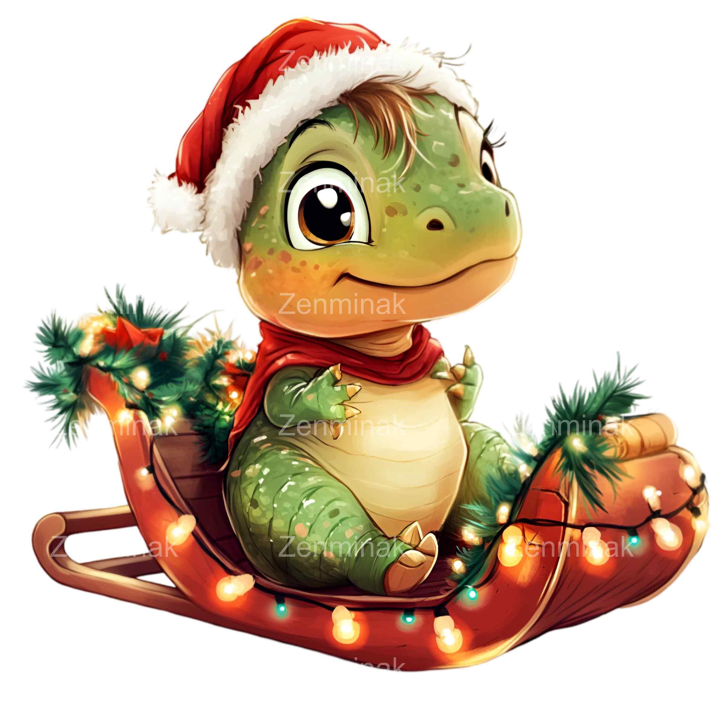 15 PNG Christmas Dinosaur Clipart – Cute Dino in Sleigh PNG – Holiday ...