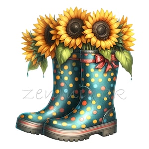 12 Sunflowers PNG in Polka Dot Boots PNG, Cute Floral Illustration Clip ...