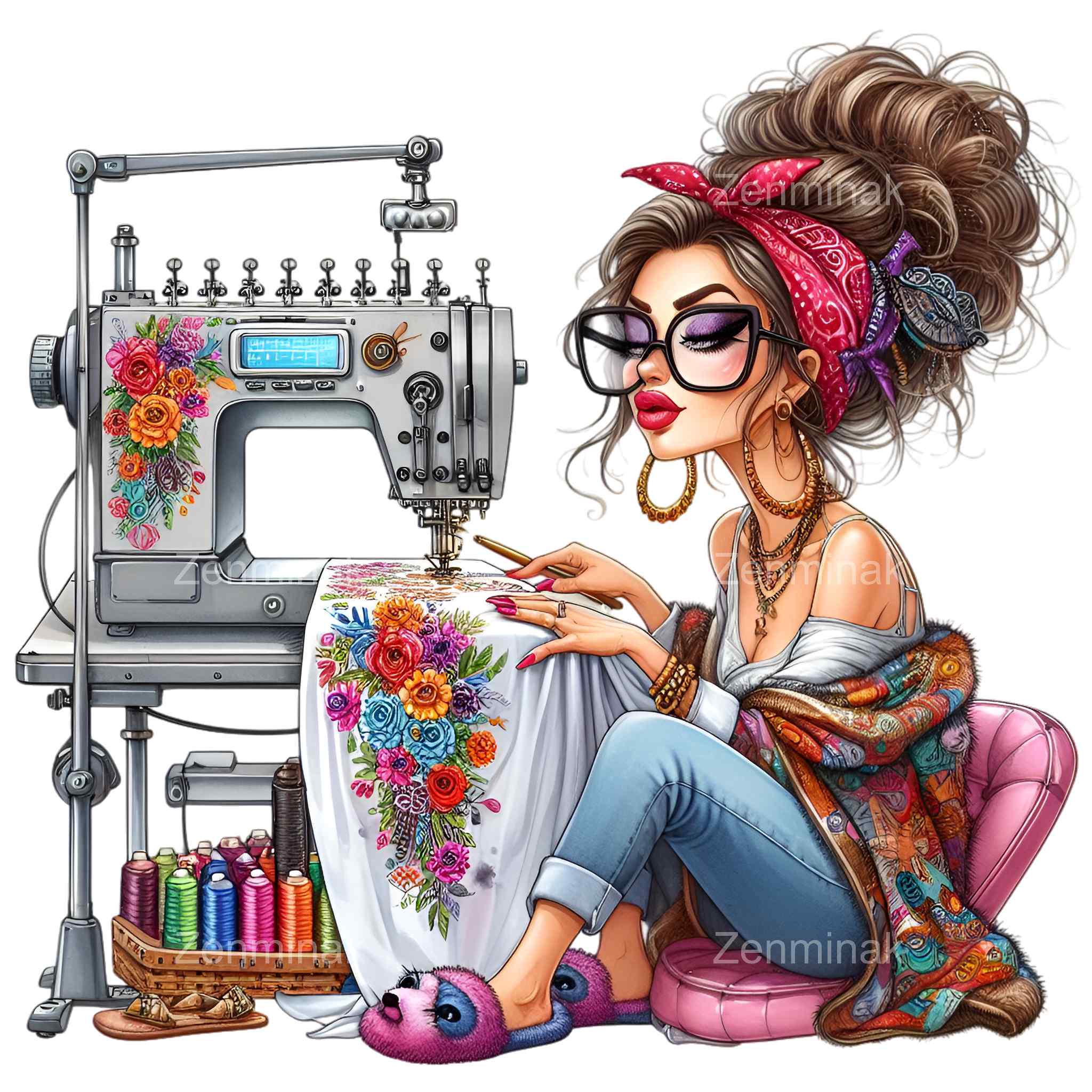 15 PNG Sewing Lady Clipart – Embroidery Woman at Machine – Craft Room ...