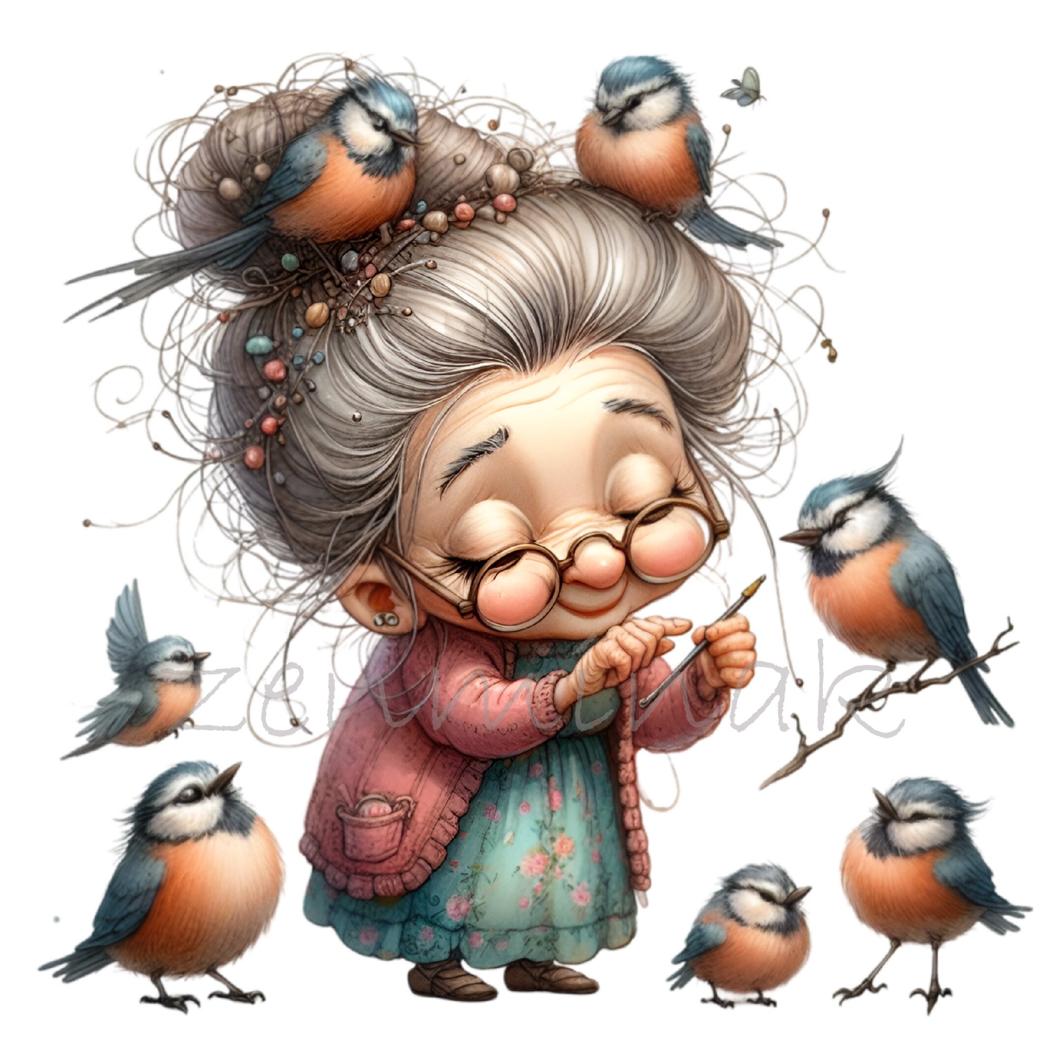 10 PNG Elderly Woman With Birds Clipart, Quirky Grandmother Birdwatcher ...