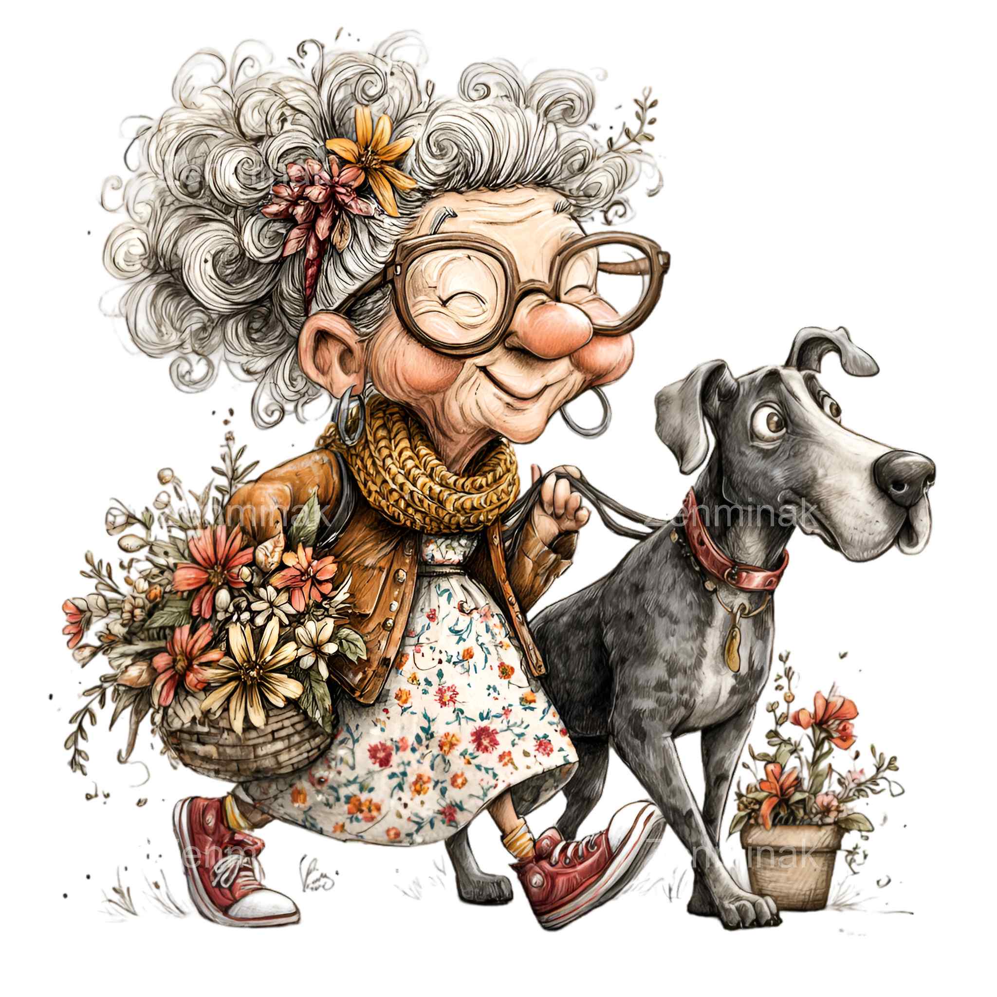 15 PNG Funny Dog Clipart – Whimsical Old Lady With Great Dane PNG for ...