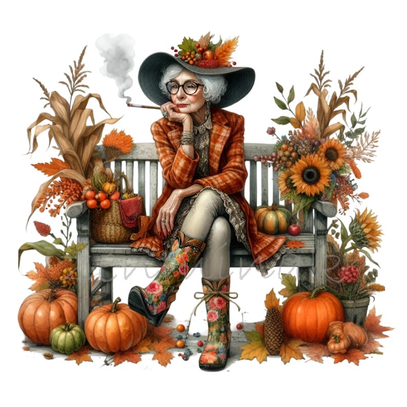 10 PNG Autumn Woman Fall Sublimation, Grandma Pumpkin Bench Clipart ...