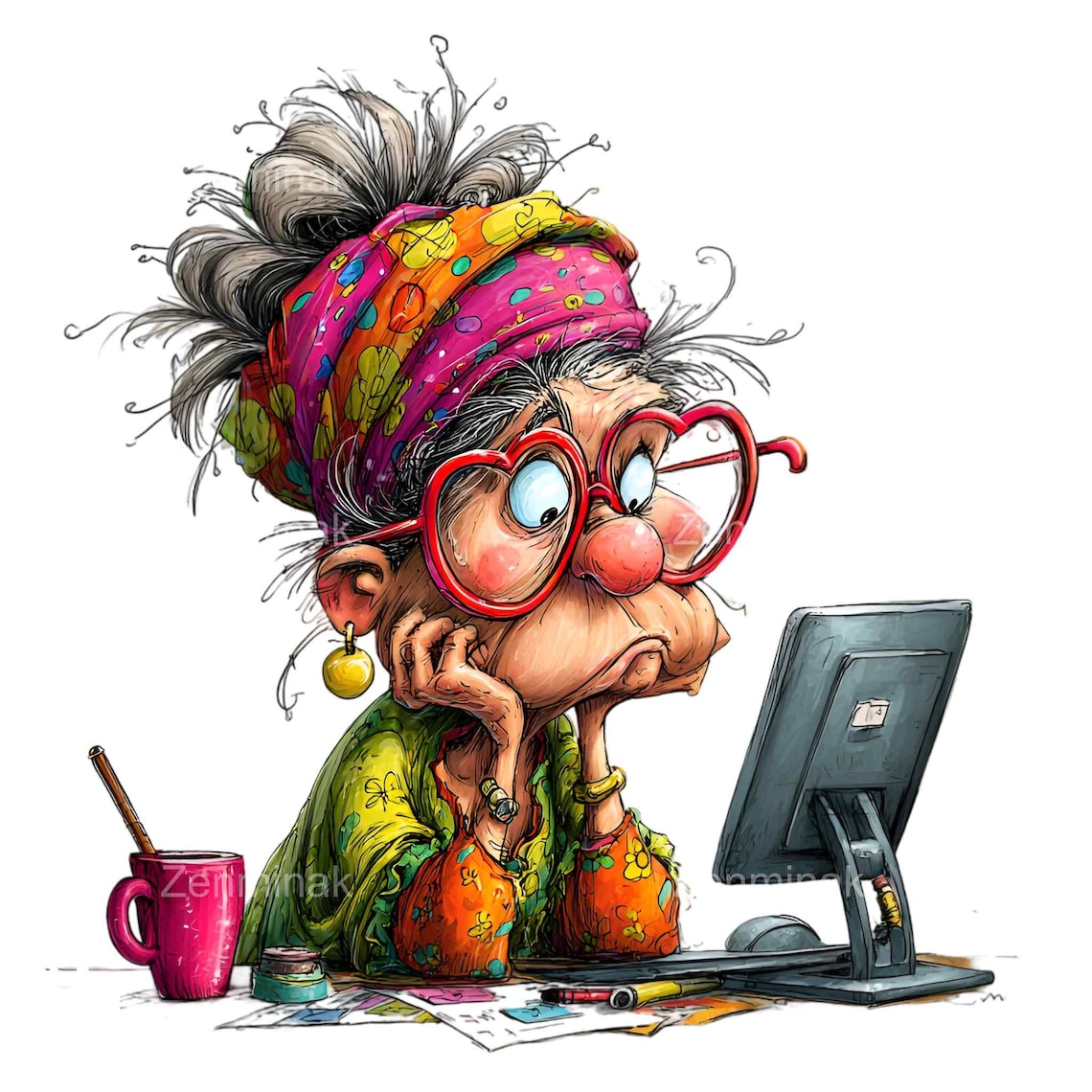 16 PNG Funny Old Lady at Computer – Grumpy Senior Woman Clipart for ...