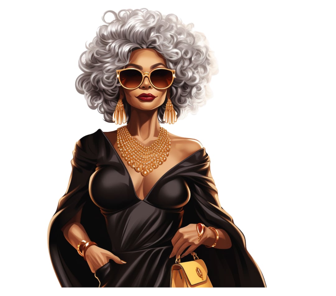 Elegant Fashion Diva Clipart PNG - Stylish Woman With Gray Curls and Black Dress Digital Art - Etsy