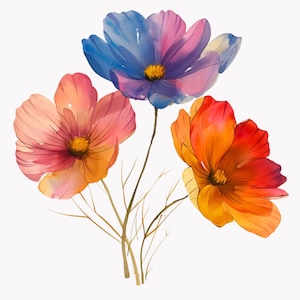 10 Watercolor Floral Clip Art PNG - Vibrant Blue, Yellow, and Orange ...