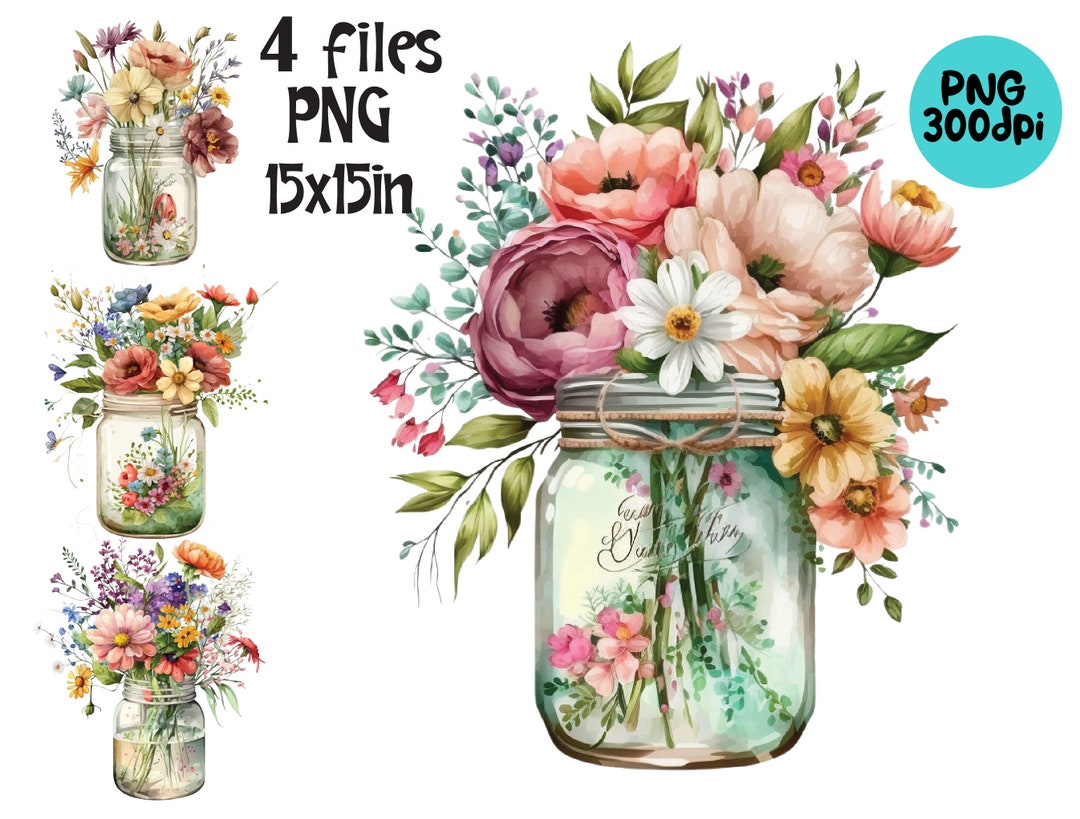 Elegant Floral Mason Jar Bouquets, Watercolor Flower Arrangements, 4 ...