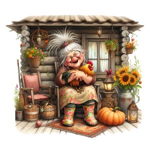 12 Funny Fall PNG Clipart Grumpy Grandma With Chicken, Sunflowers ...