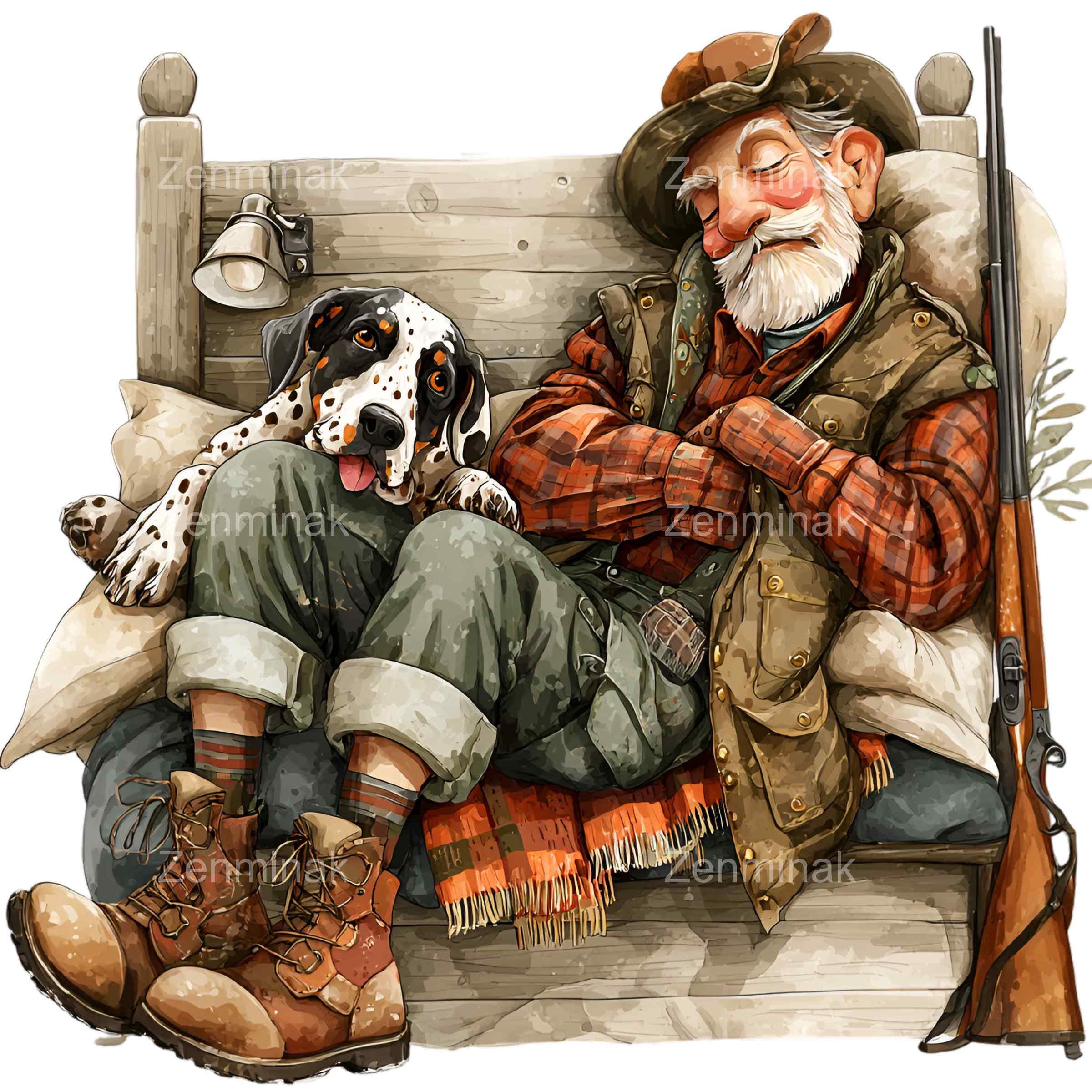10 PNG Old Hunter Clipart, Fisherman Grandpa, Hunting Dog Illustration ...