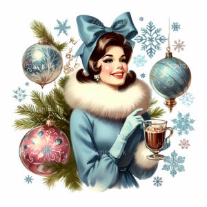 Retro Christmas Lady PNG, 15 Vintage Woman With Large Bow and Hot ...