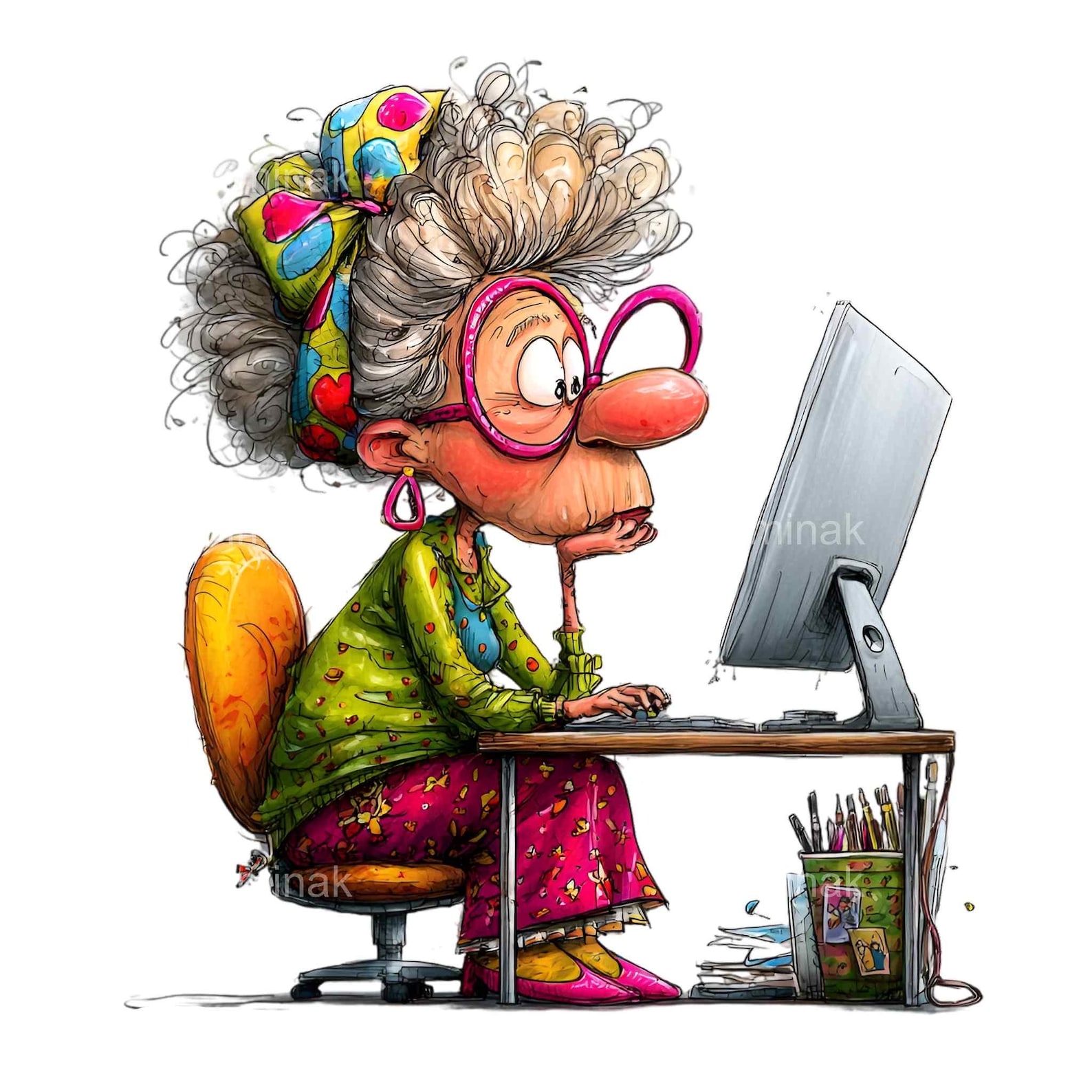 16 PNG Funny Old Lady at Computer – Grumpy Senior Woman Clipart for ...