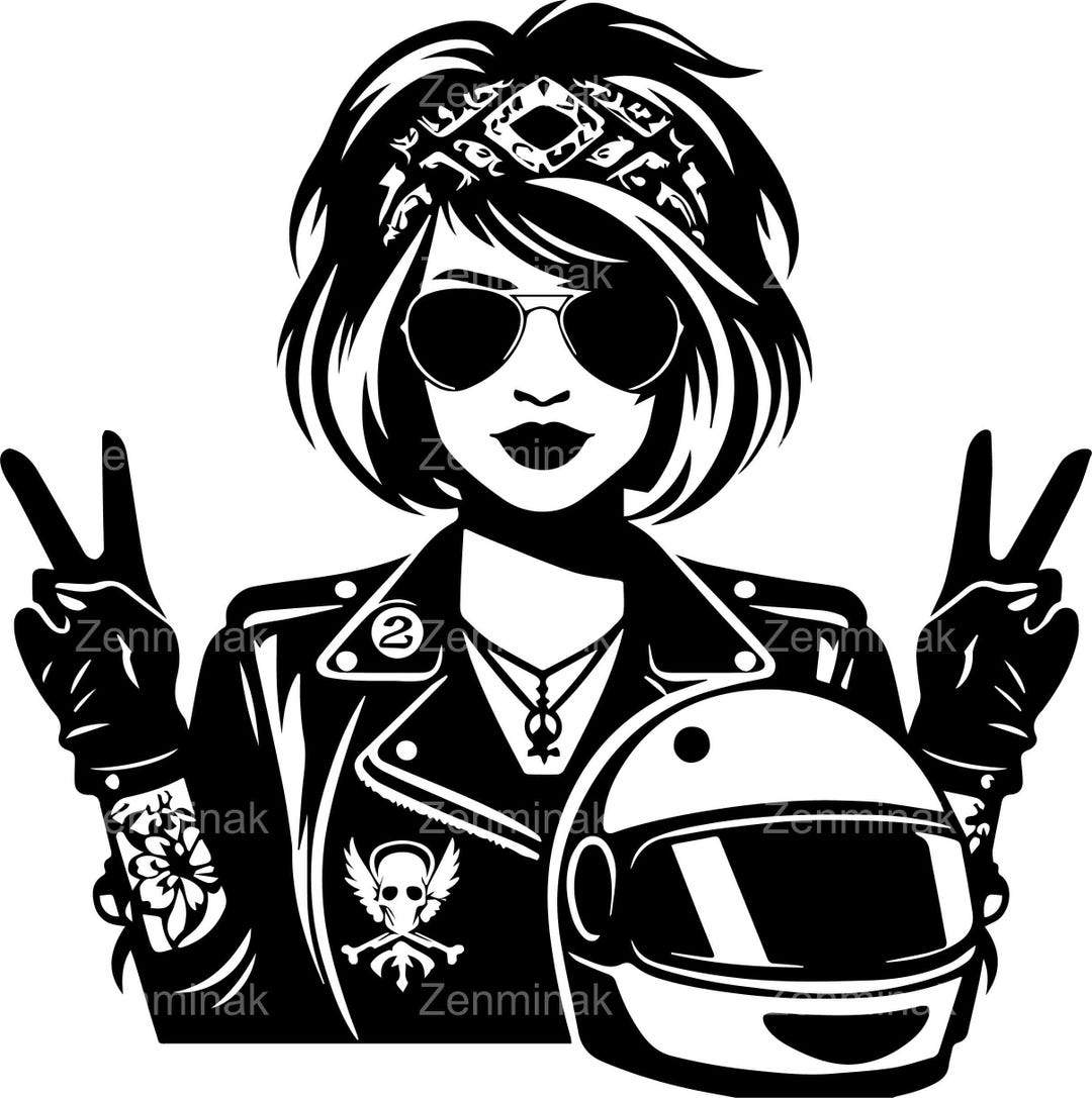 4 SVG Biker Woman SVG – Girl With Helmet, Peace Sign, Tattoo Sleeve ...