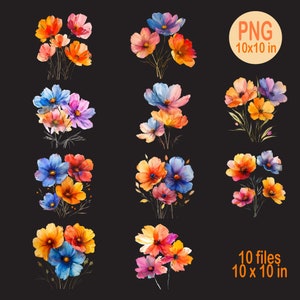 10 Watercolor Floral Clip Art PNG - Vibrant Blue, Yellow, and Orange ...
