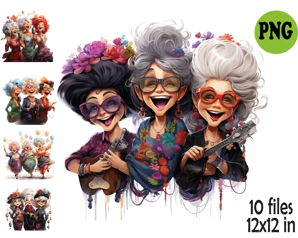 10 PNG Funny Grandma Bundle – Senior Ladies Clipart Set – Cute Singing ...