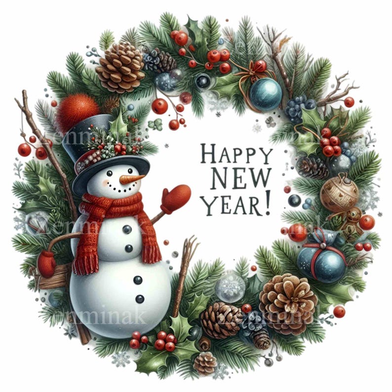 12 PNG Snowman Clipart – Cute Christmas Wreath With Snowman and ...