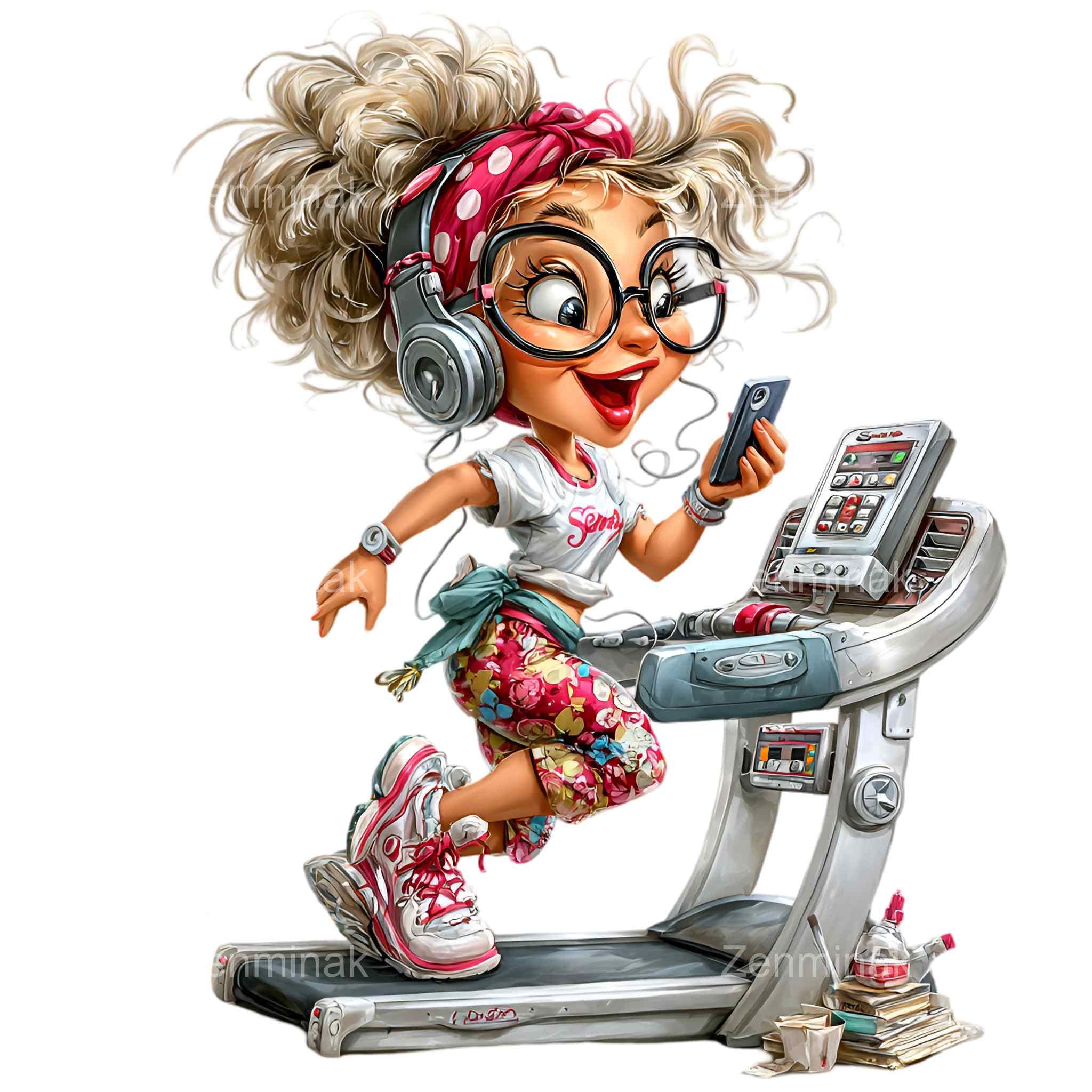 21 PNG Funny Gym Lady Clipart – Cartoon Woman Running on Treadmill ...