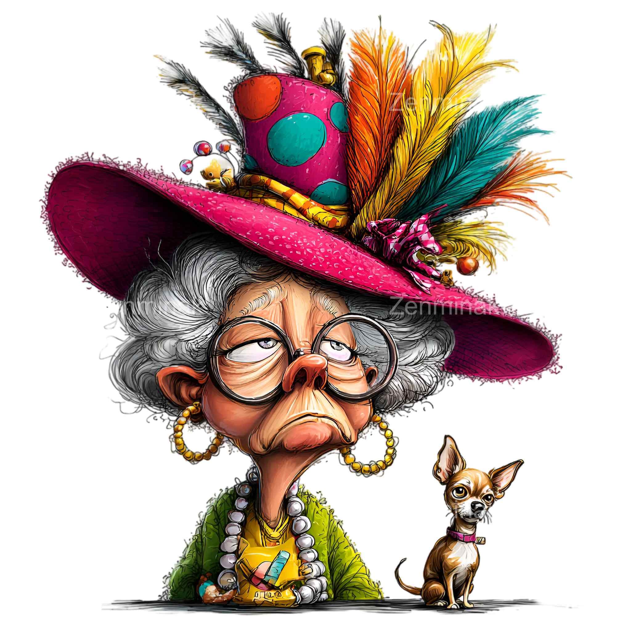 16 PNG Grumpy Lady Clipart – Funny Old Woman With Big Hat and Chihuahua ...