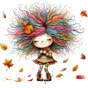 Colorful Fall-themed Digital Art of Dancing Girl, 15 Rainbow Hair, and ...