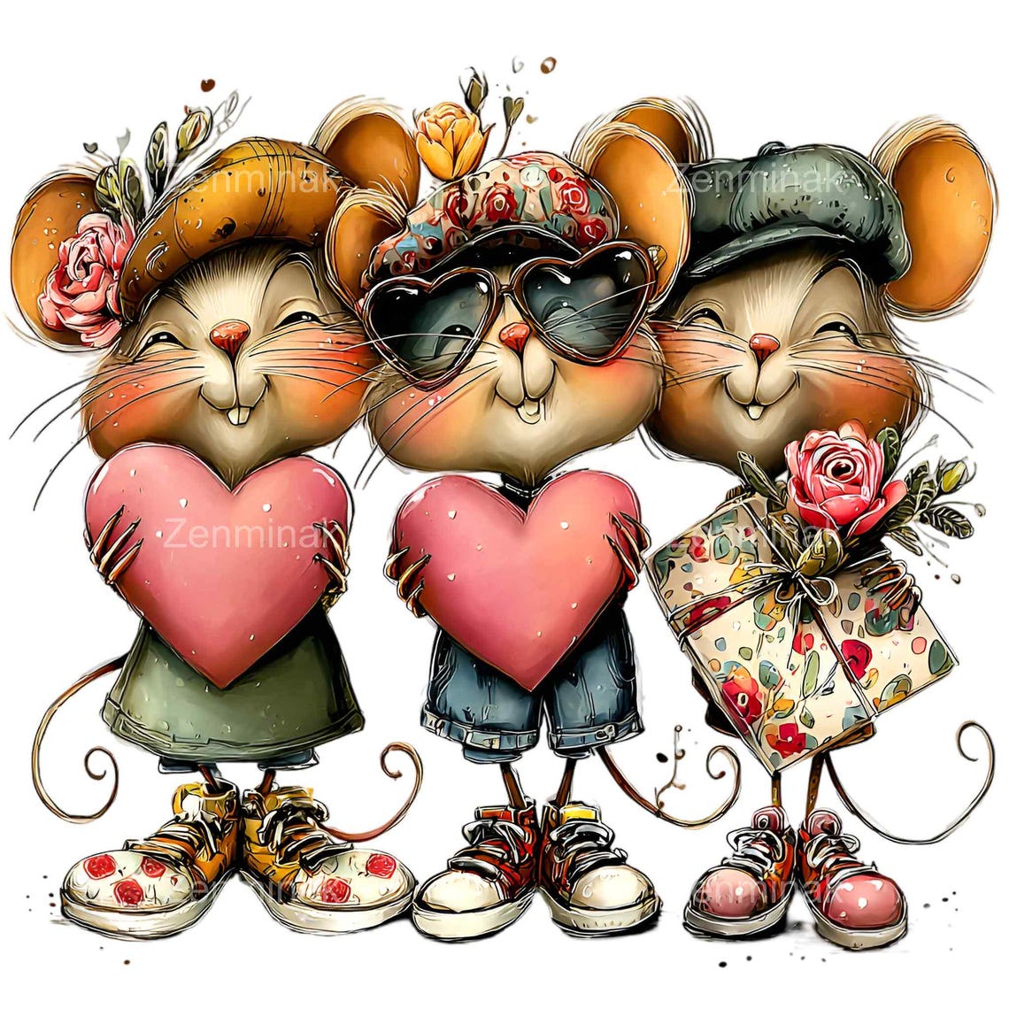 15 PNG Valentine Mice Clipart – Cute Mouse Set With Hearts and Flowers ...