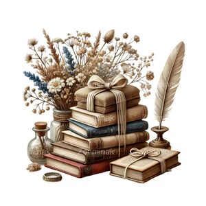 15 Vintage Books and Flowers Clip Art PNG, Rustic Stack of Books With ...