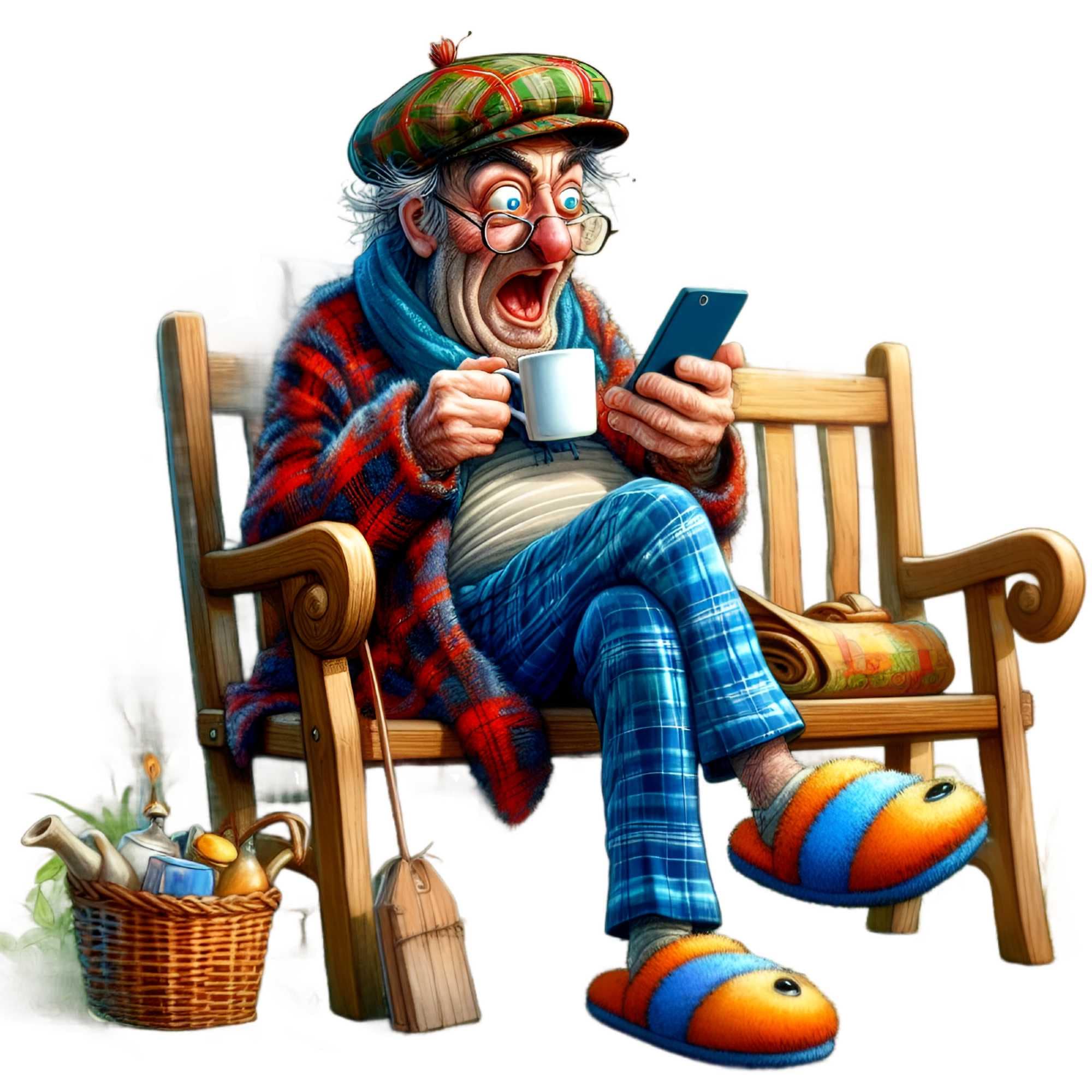 Humorous Cartoon Grandpa on Bench With Phone, 10 Surprised Elderly Man ...