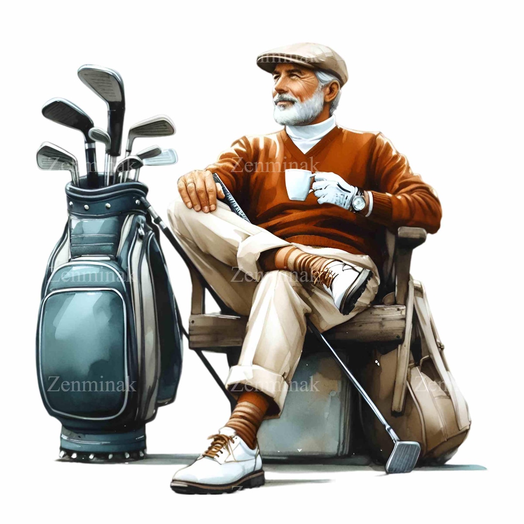 Classic Senior Golfer PNG Clipart, 12 Relaxing With Coffee & Golf Clubs, Vintage Style - High ...