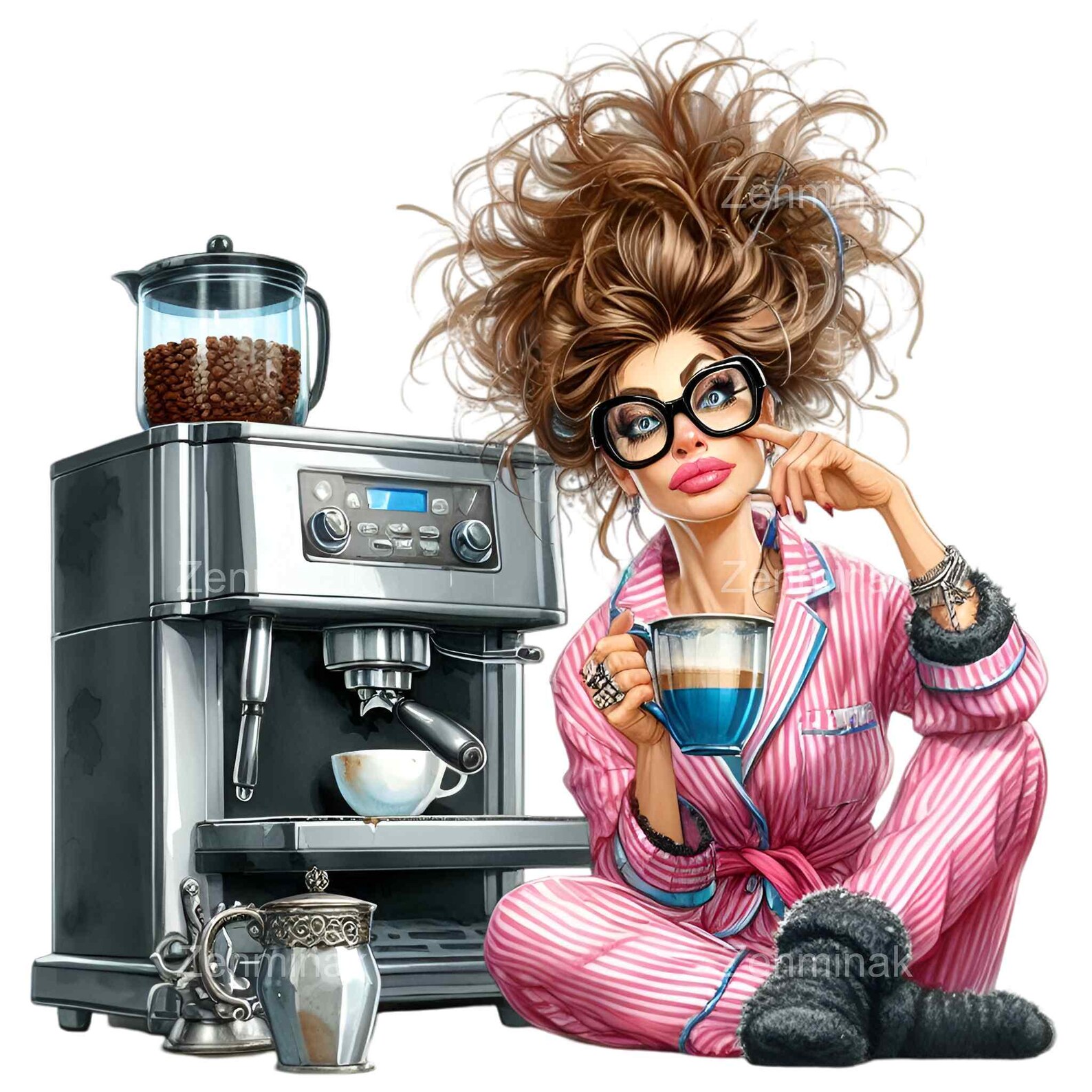 18 PNG Morning Coffee Clipart – Funny Pajama Lady PNG for Caffeine ...