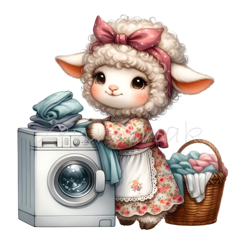 16 PNG Sheep Doing Laundry Clipart, Watercolor Lamb Funny Chore Home ...